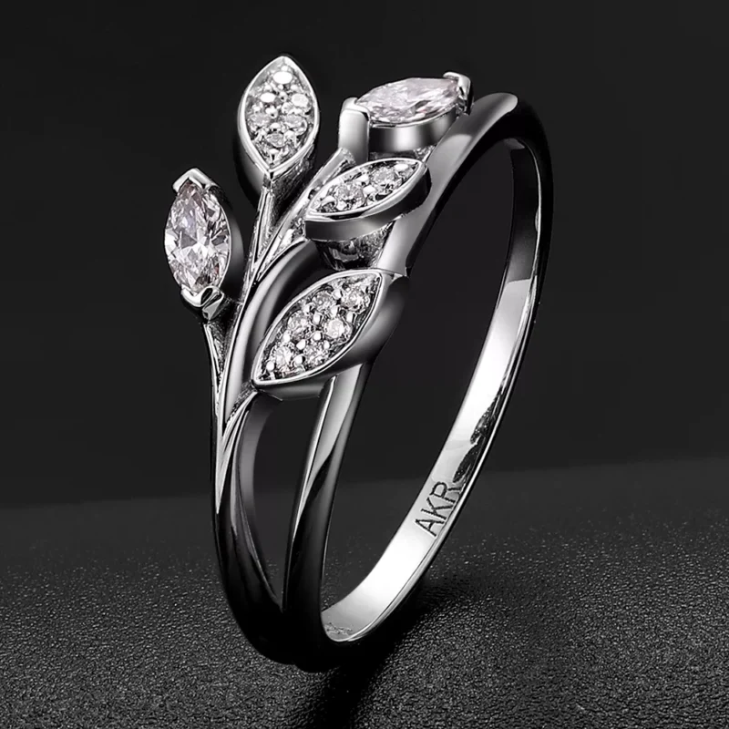 Botanical Marquise and Round Lab Diamond Leaf Ring in 18k White Gold ...